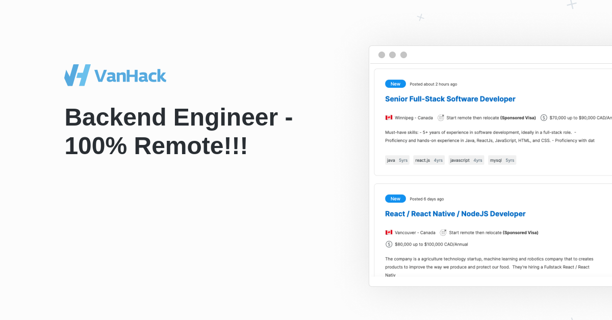 Backend Engineer - 100% Remote!!! - VanHack